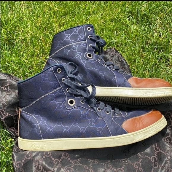 Gucci | Shoes | Gucci High Top Blue Brown Leather | Poshmark
